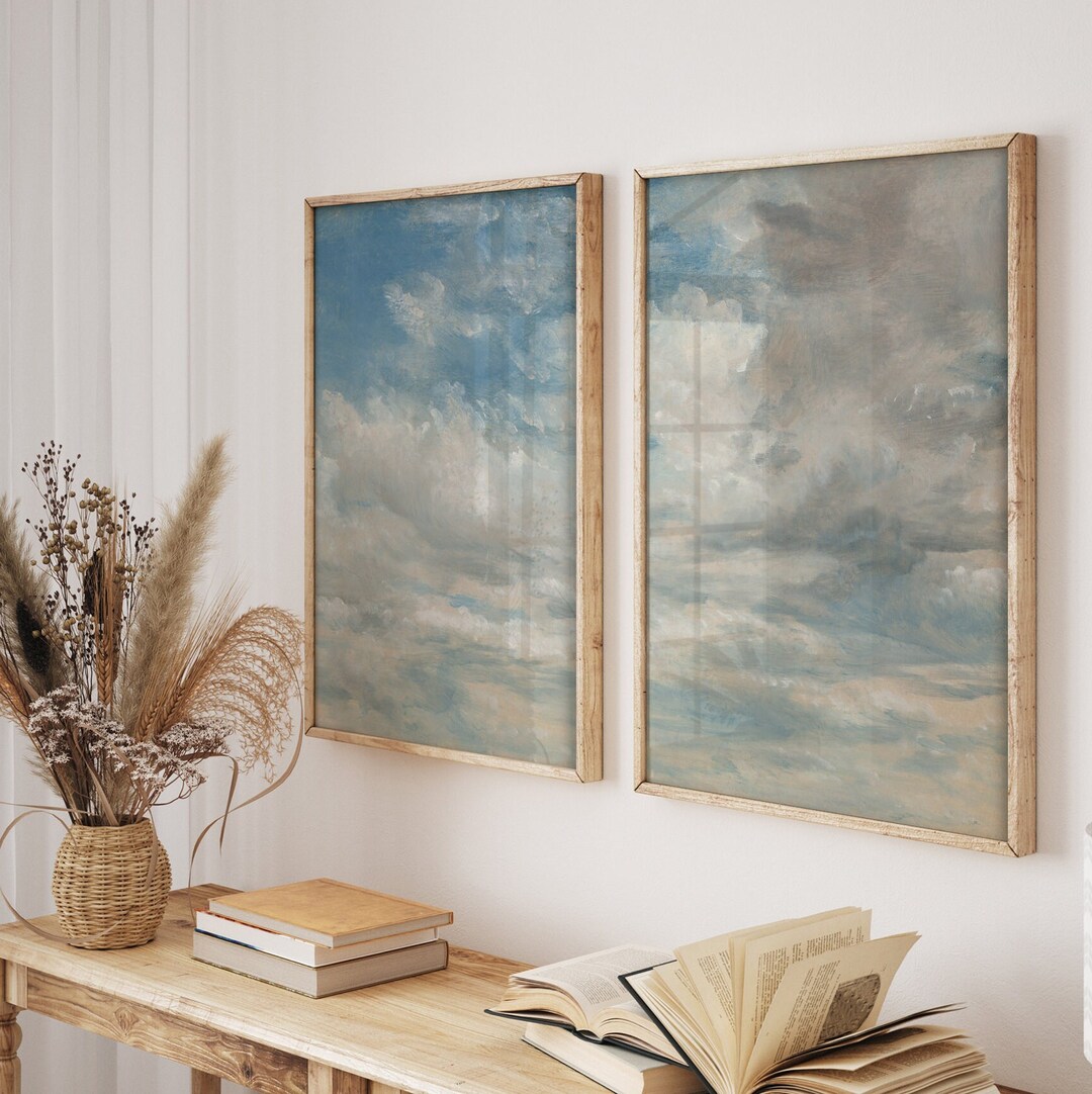 Antique Blue Cloud Painting SET of 2 | Vintage Cloud Blue Wall Art ...