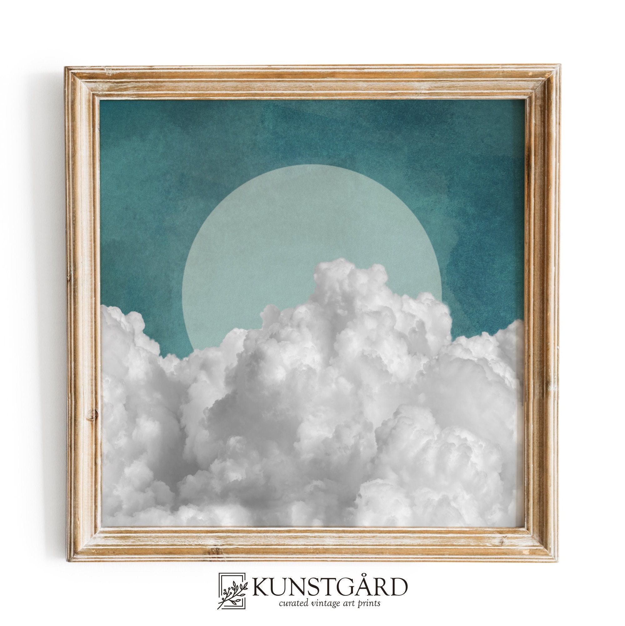 Teal Blue Cloud Painting, Square Cloud Wall Art, Boho Moon and Cloud ...