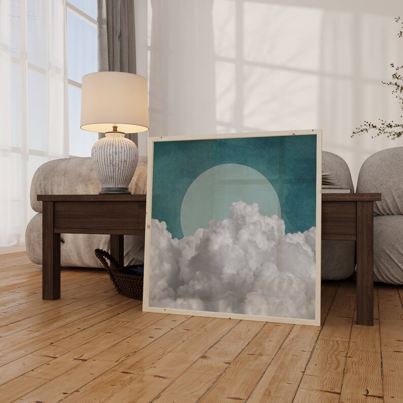 Teal Blue Cloud Painting, Square Cloud Wall Art, Boho Moon and Cloud ...