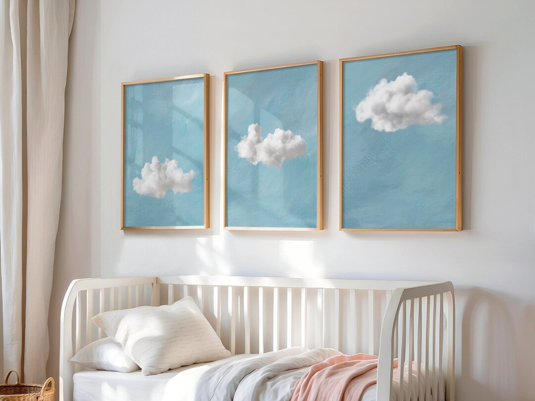 Baby Blue Cloud SET of 3 Prints, Nursery Wall Decor Sky Blue Cloud ...