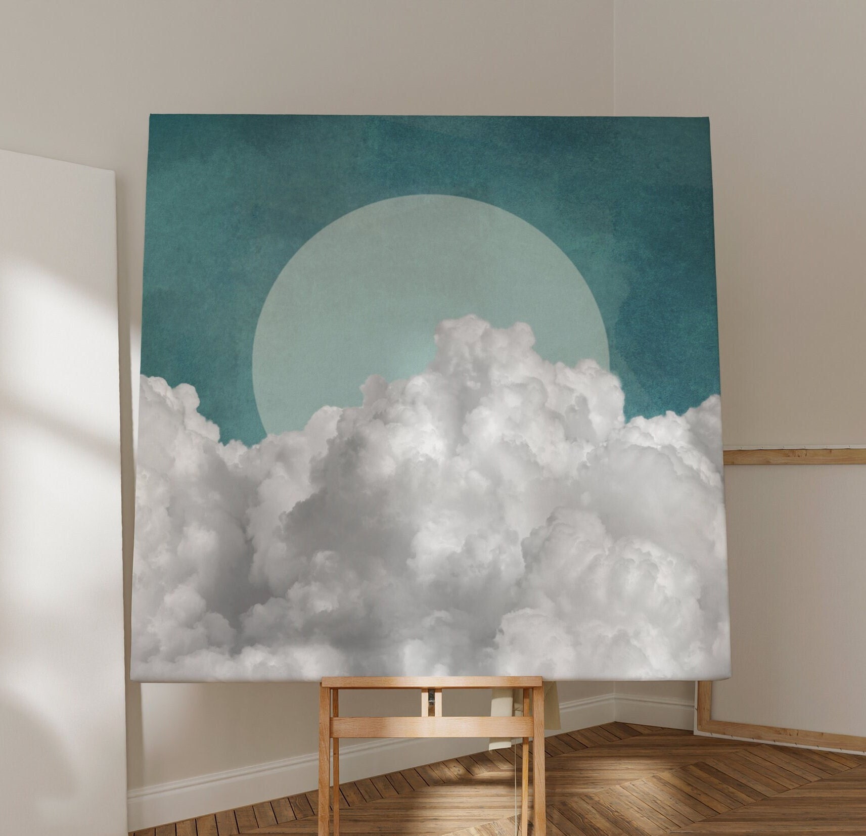 Teal Blue Cloud Painting, Square Cloud Wall Art, Boho Moon and Cloud ...