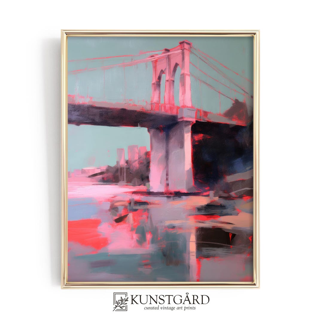 New York Wall Art, Modern Preppy Pink Poster, Brooklyn Bridge, Neon ...