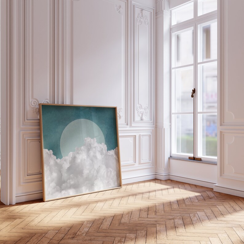 Teal Blue Cloud Painting, Square Cloud Wall Art, Boho Moon and Cloud ...