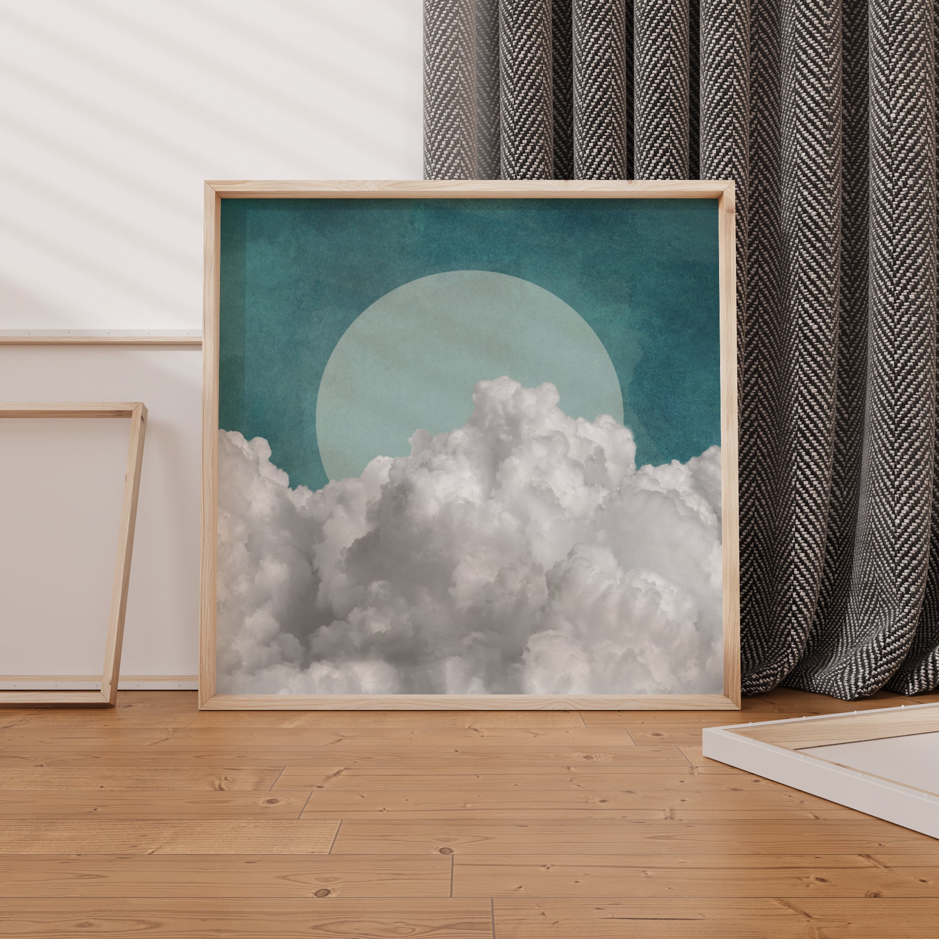 Teal Blue Cloud Painting, Square Cloud Wall Art, Boho Moon and Cloud ...