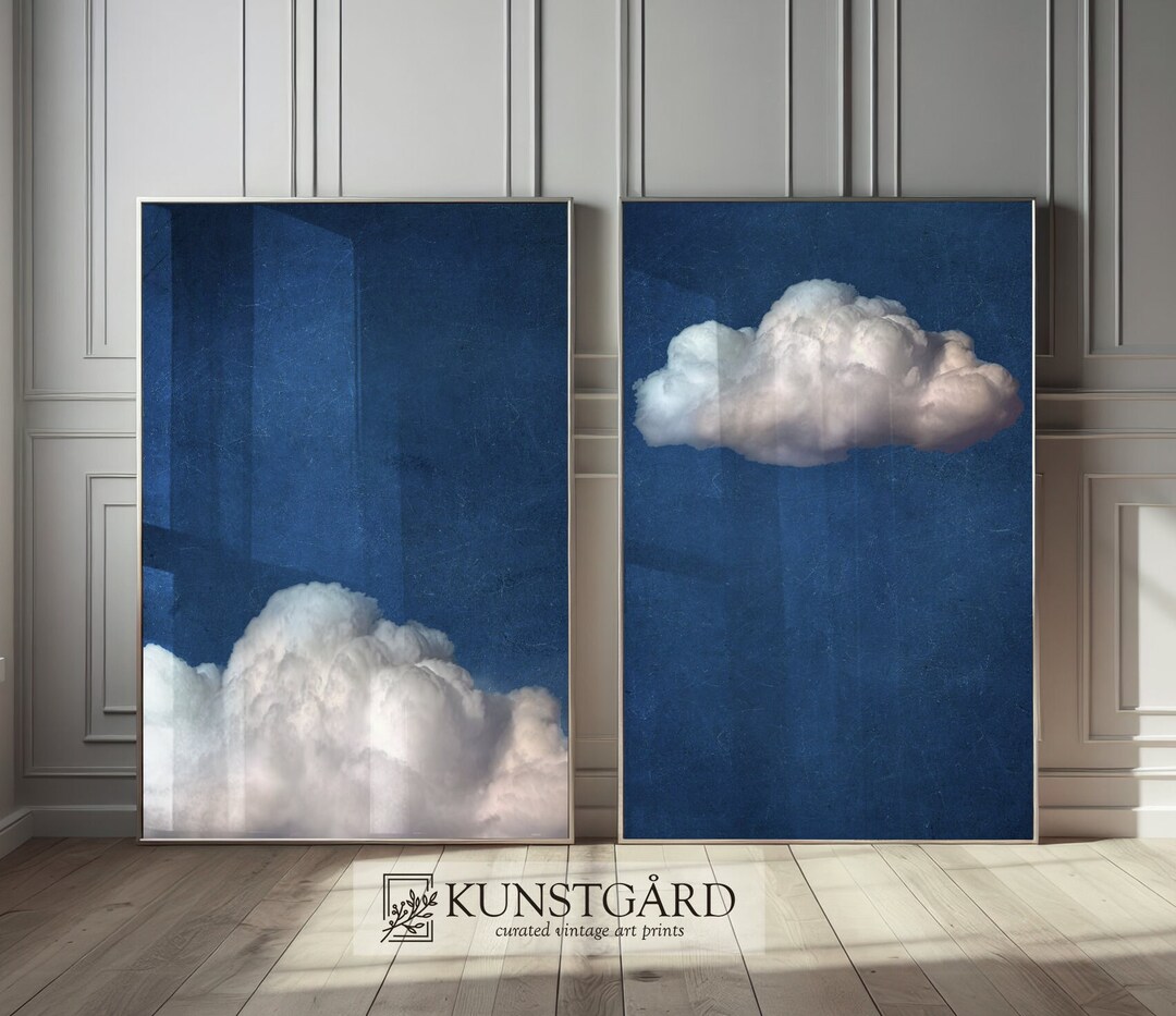 Indigo Cloud Painting SET of 2, Dark Blue Cloud Wall Art, Moody Cloud ...