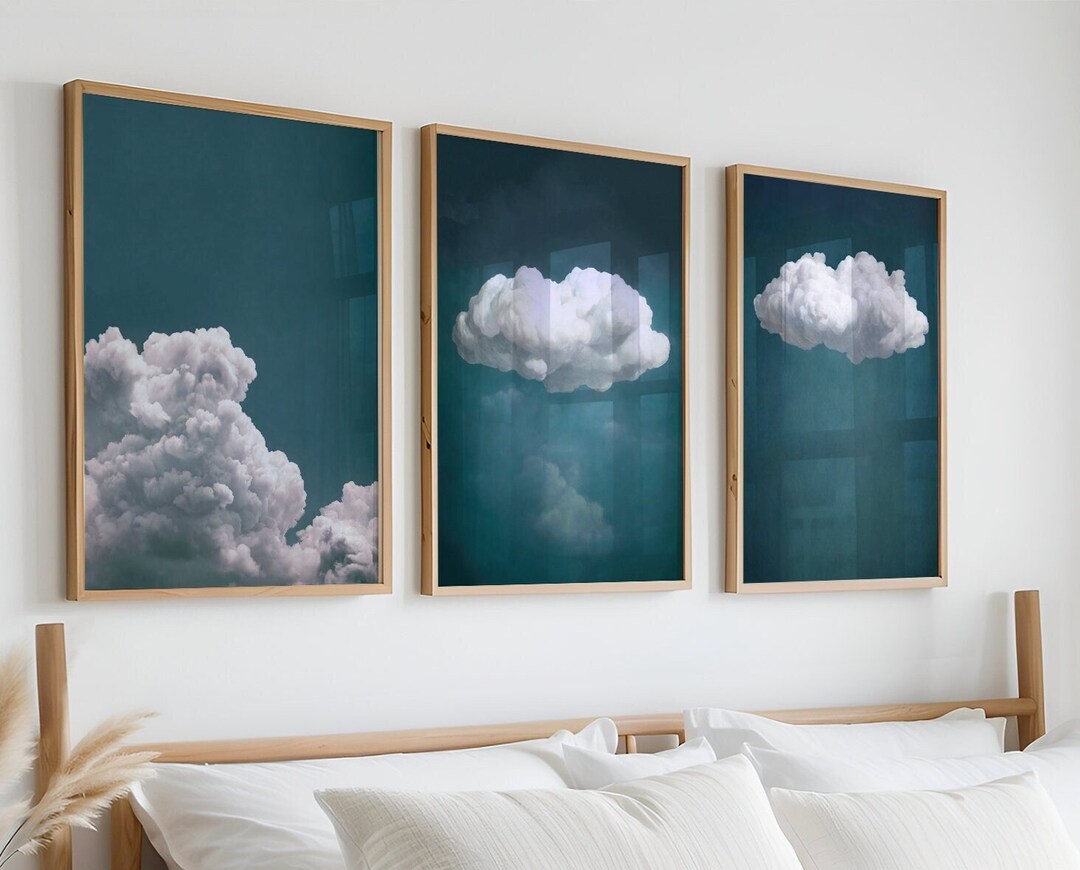 Teal Blue Cloud SET of 3 Prints | Moody Vintage Cloud Painting | Teal ...