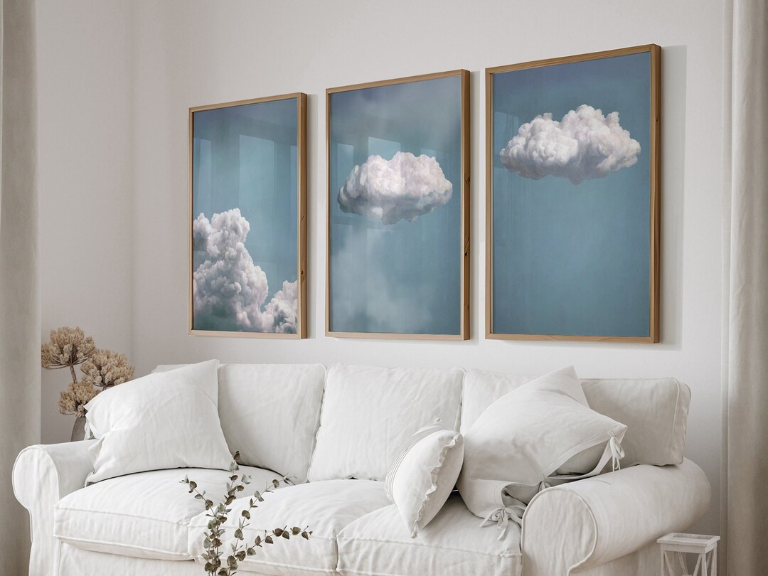 Blue Cloud Painting SET of 3, Vintage Cloud Blue Wall Art, Baby Blue ...
