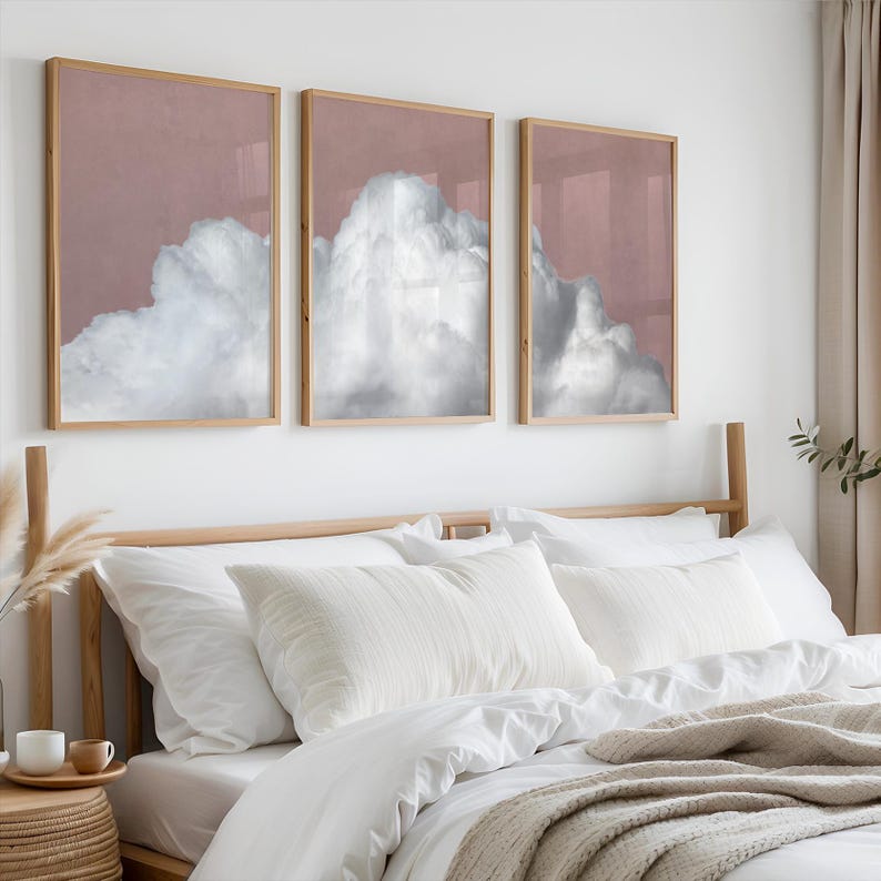Blush Pink Cloud SET of 3 Prints, Large Cloud Bedroom Print, Pink Sky ...
