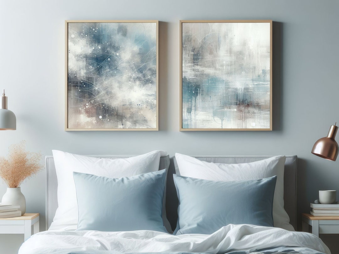 Light Blue Abstract Painting SET of 2, Neutral Beige Blue Wall Art ...