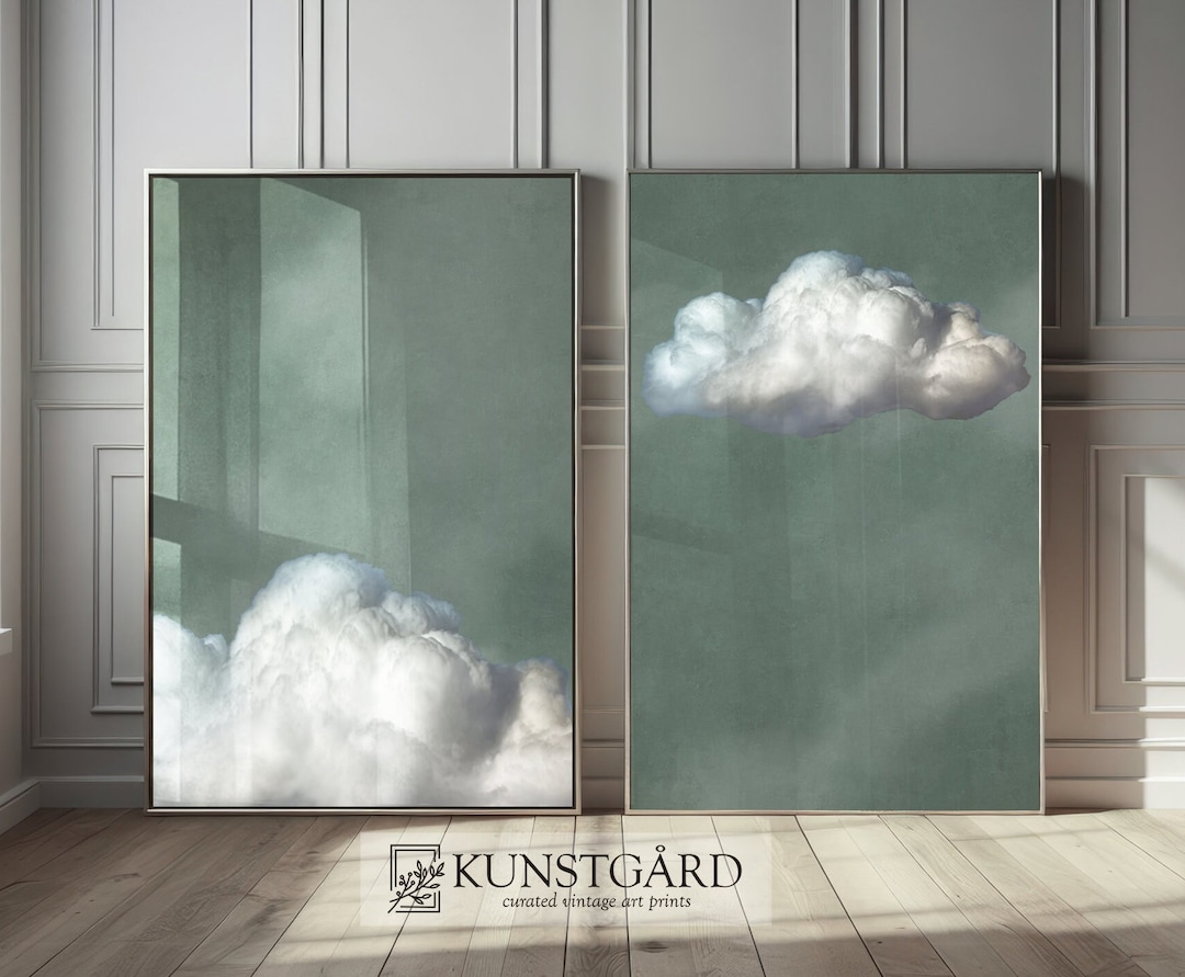 Sage Green Cloud Painting SET of 2, Light Green Cloud Wall Art, Moody ...