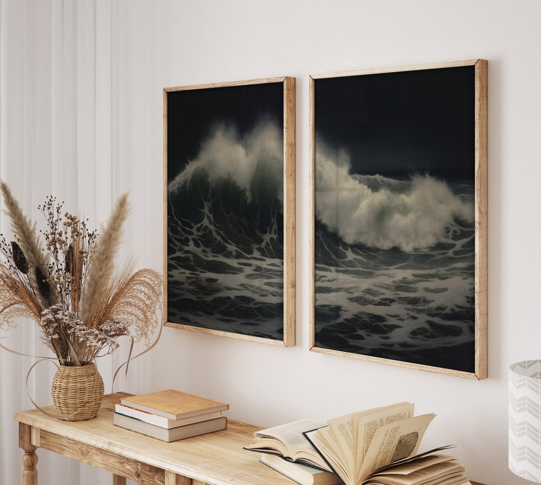 Dark Ocean Painting SET of 2 Prints | Rough Sea Poster | Moody ...
