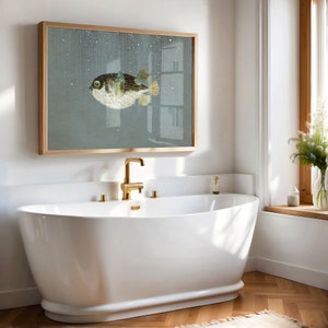 Sage Green Puffer Fish Wall Art, Green Bathroom Wall Decor, Green ...