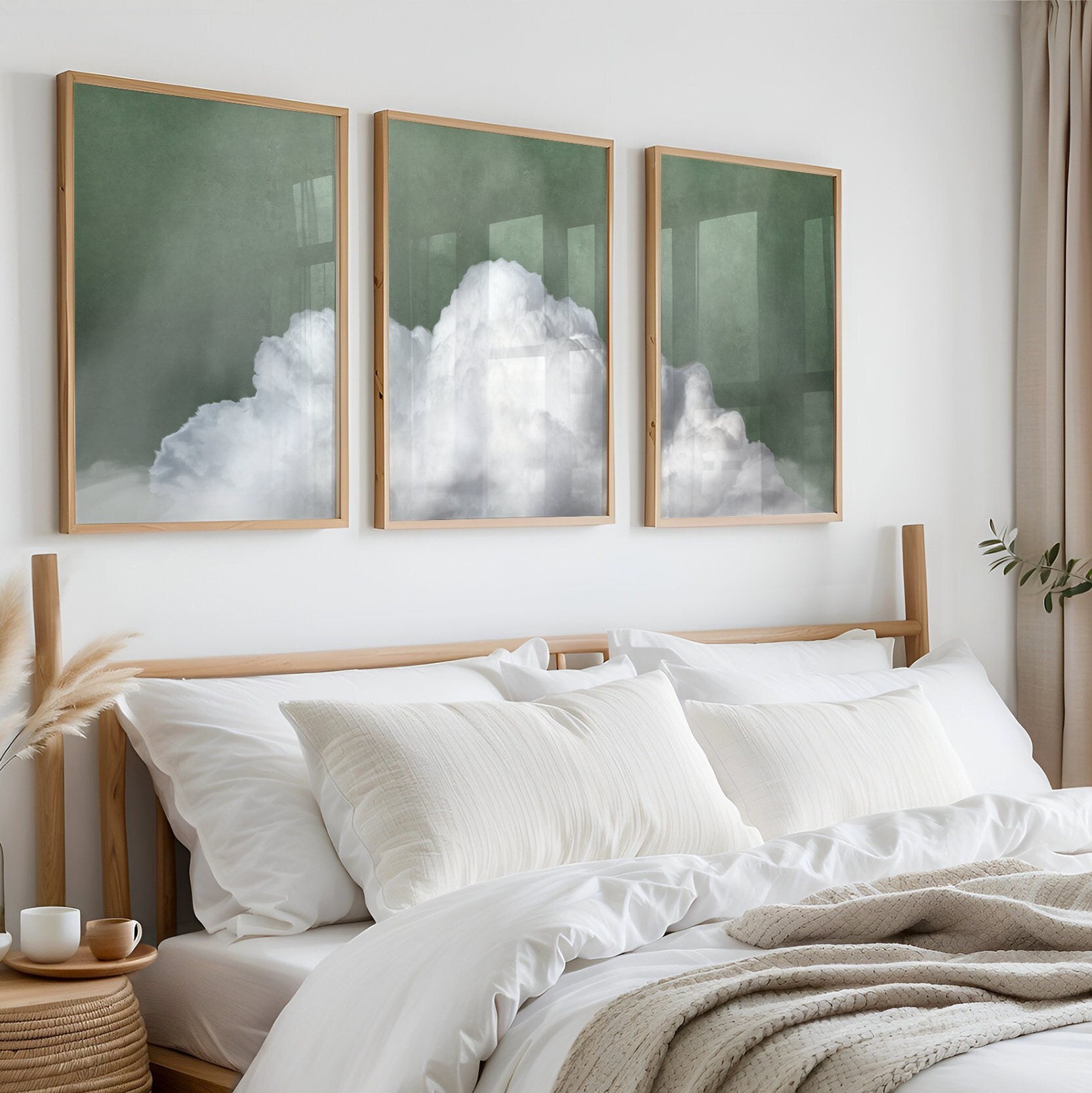 Sage Green Cloud Print SET of 3, Cloud Gallery Set, Green Painting, Living Room, Surreal Sky ...