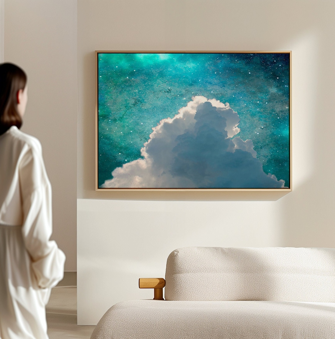 Teal Blue Cloud Art, Above Bed Decor, Surreal Cloud Painting, Bright ...