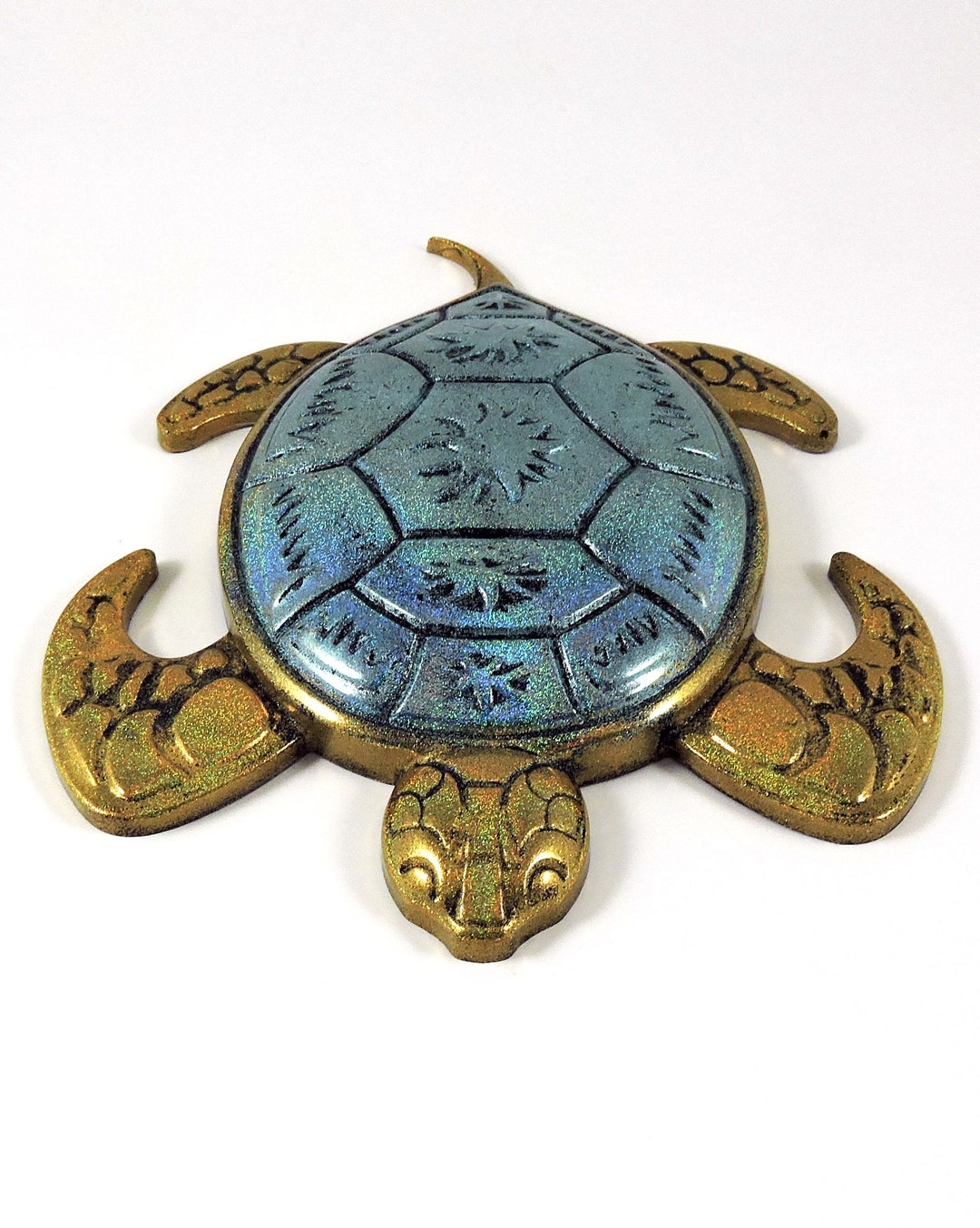 Large Blue and Gold Resin Sea Turtle, Beach Decor, Ocean Art, Coastal ...