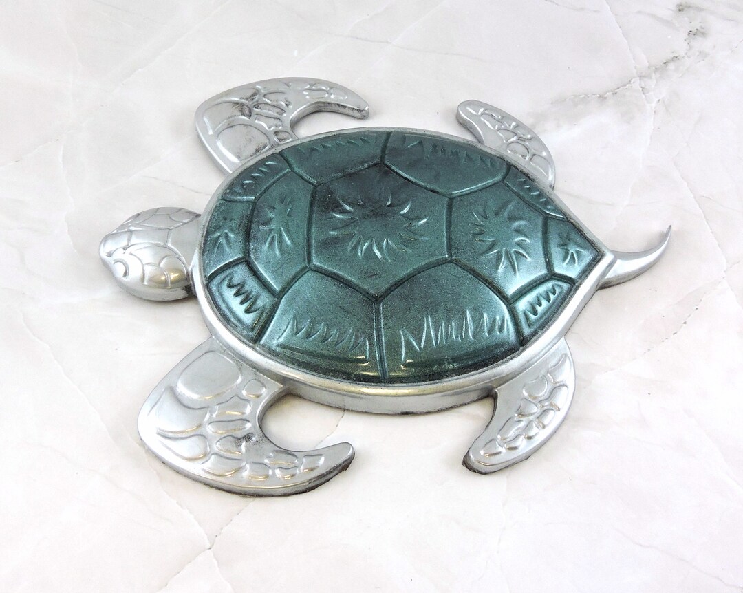 Large Aqua and Silver Resin Sea Turtle, Beach Decor, Ocean Art, Coastal ...