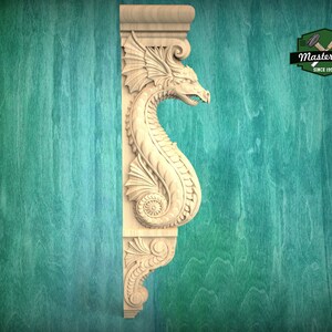 Sea Dragon Carved Wooden Corbel – Mythical Maritime Decor, Unpainted ...