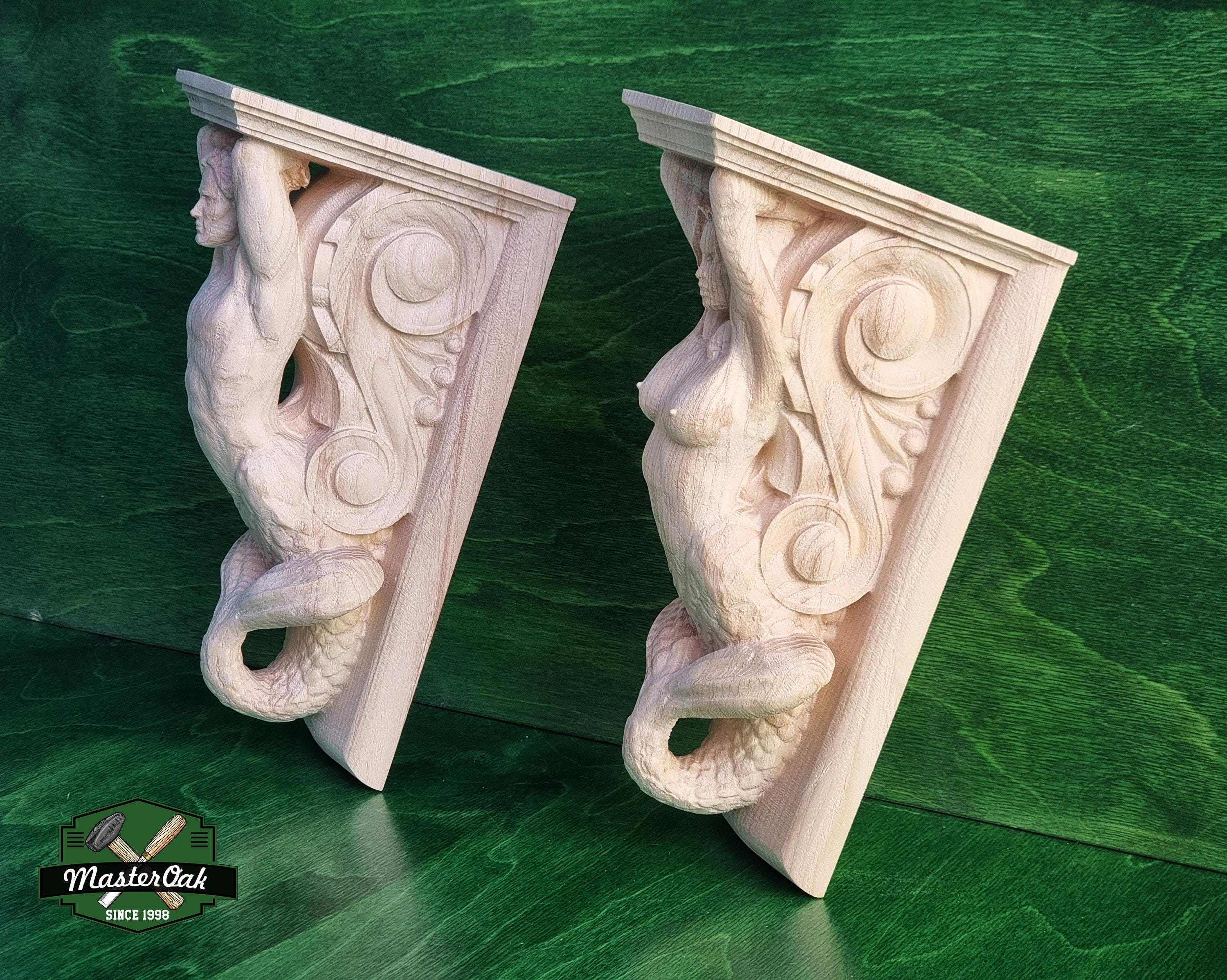 Mermaid and Merman Corbels of Wood, Unpainted, Decorative Carved Wooden ...