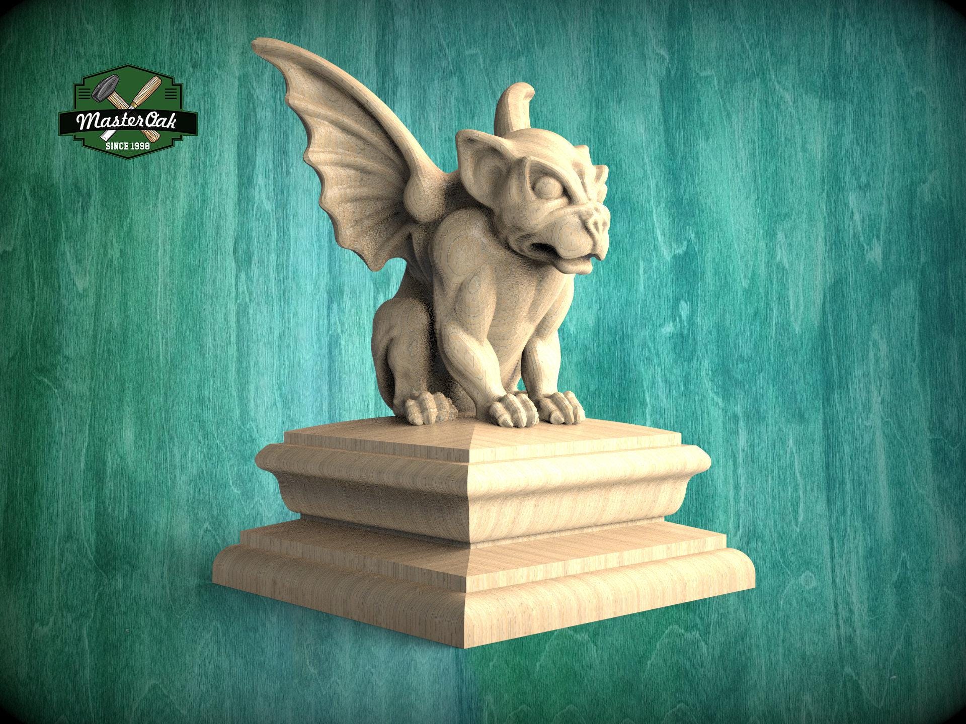 Handcrafted Wooden Gargoyle Sculpture on Tiered Base - Artisanal Gothic ...
