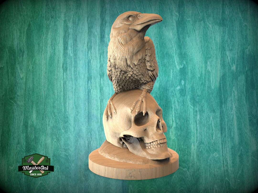 Handcrafted Wooden Raven & Skull Statue - Intricate Gothic Home Decor ...