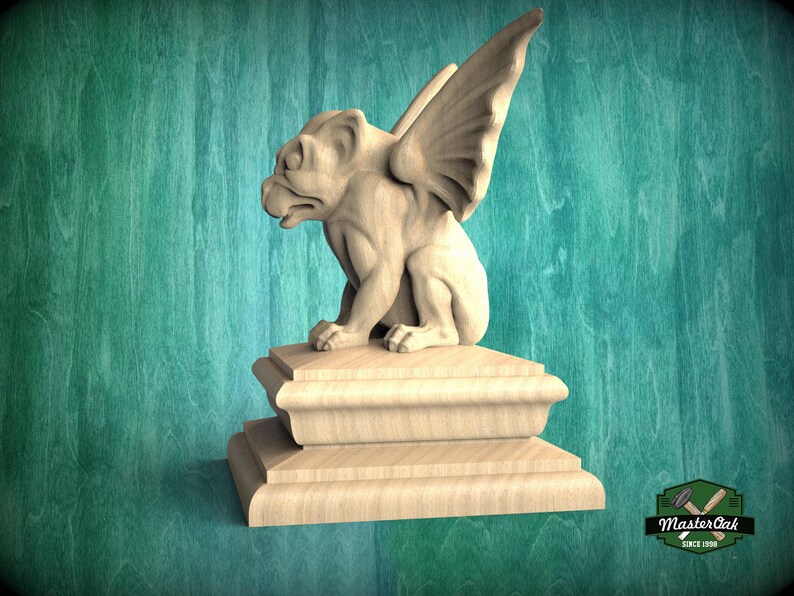 Handcrafted Wooden Gargoyle Sculpture on Tiered Base - Artisanal Gothic ...