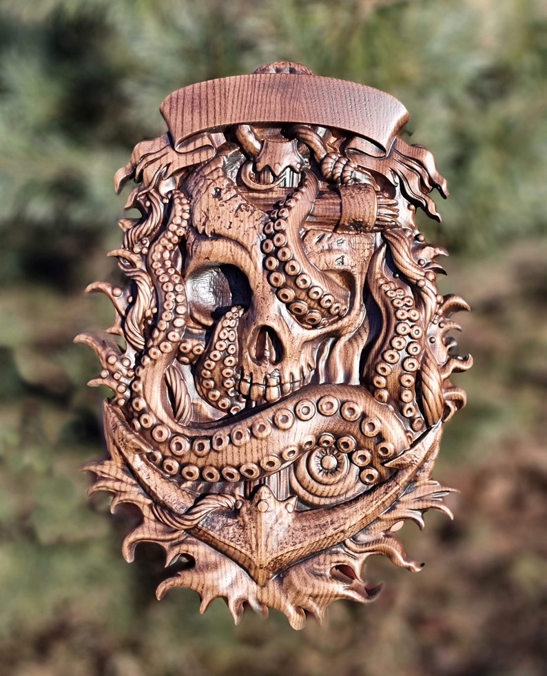 Skull and Octopus Carved Panel Made of Wood Wood Wall Art - Etsy