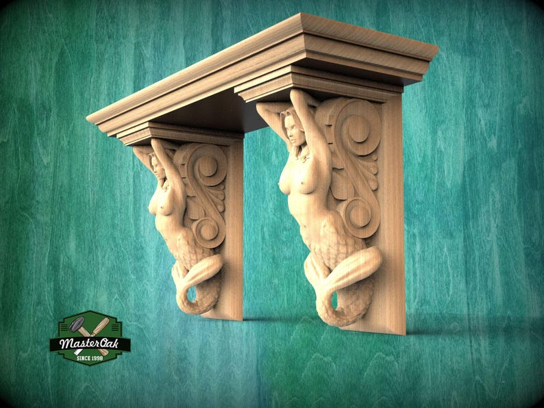 Elegant Carved Wooden Shelf With Mermaid Corbels - Custom Sizes ...