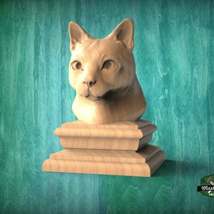 Cat Bust Made of Wood, Cat Wooden Finial for Staircase Newel Post, Cat ...