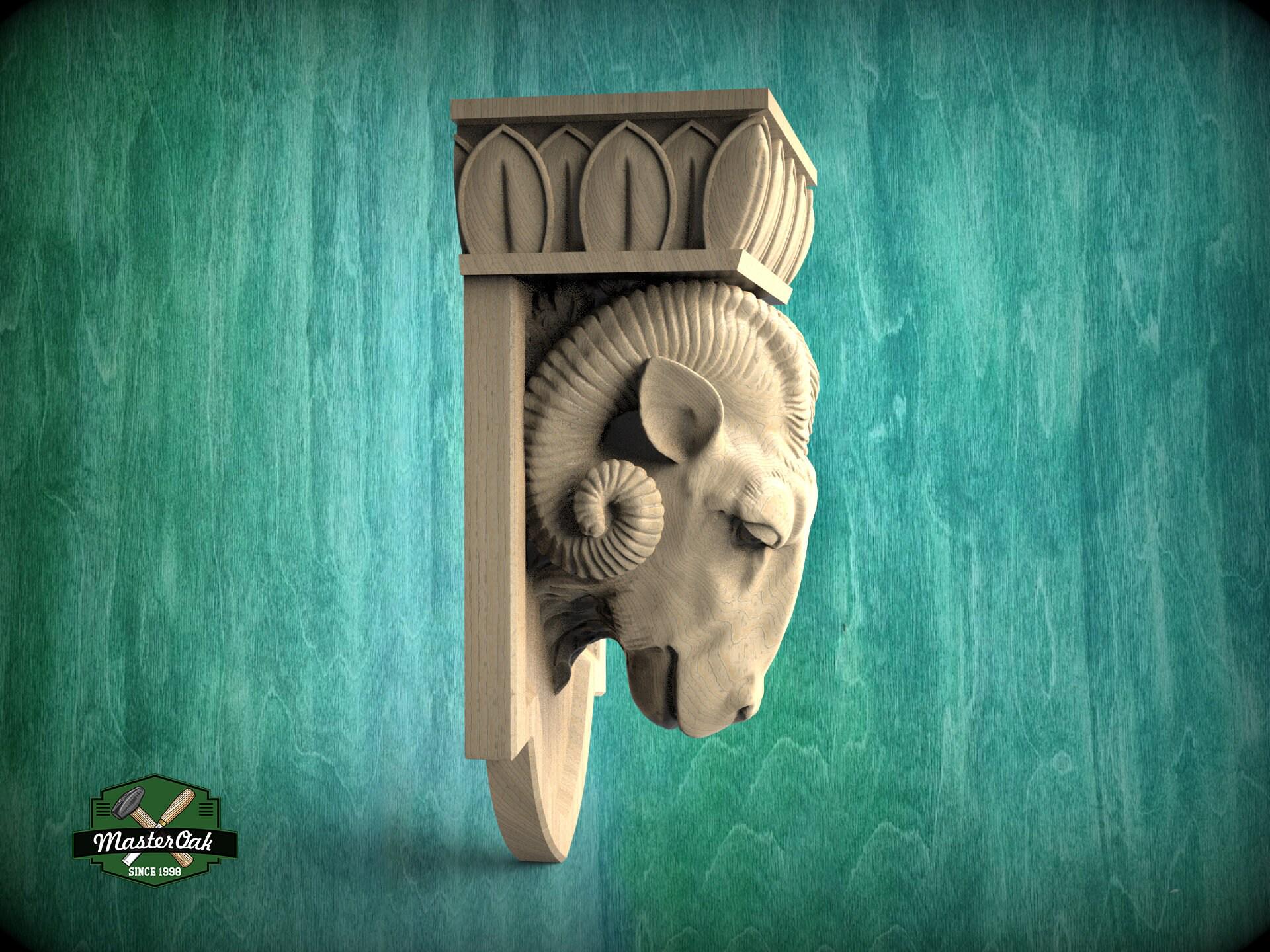 Ram Corbel Made of Wood, Unpainted, Ram Bust Decorative Carved Wooden ...