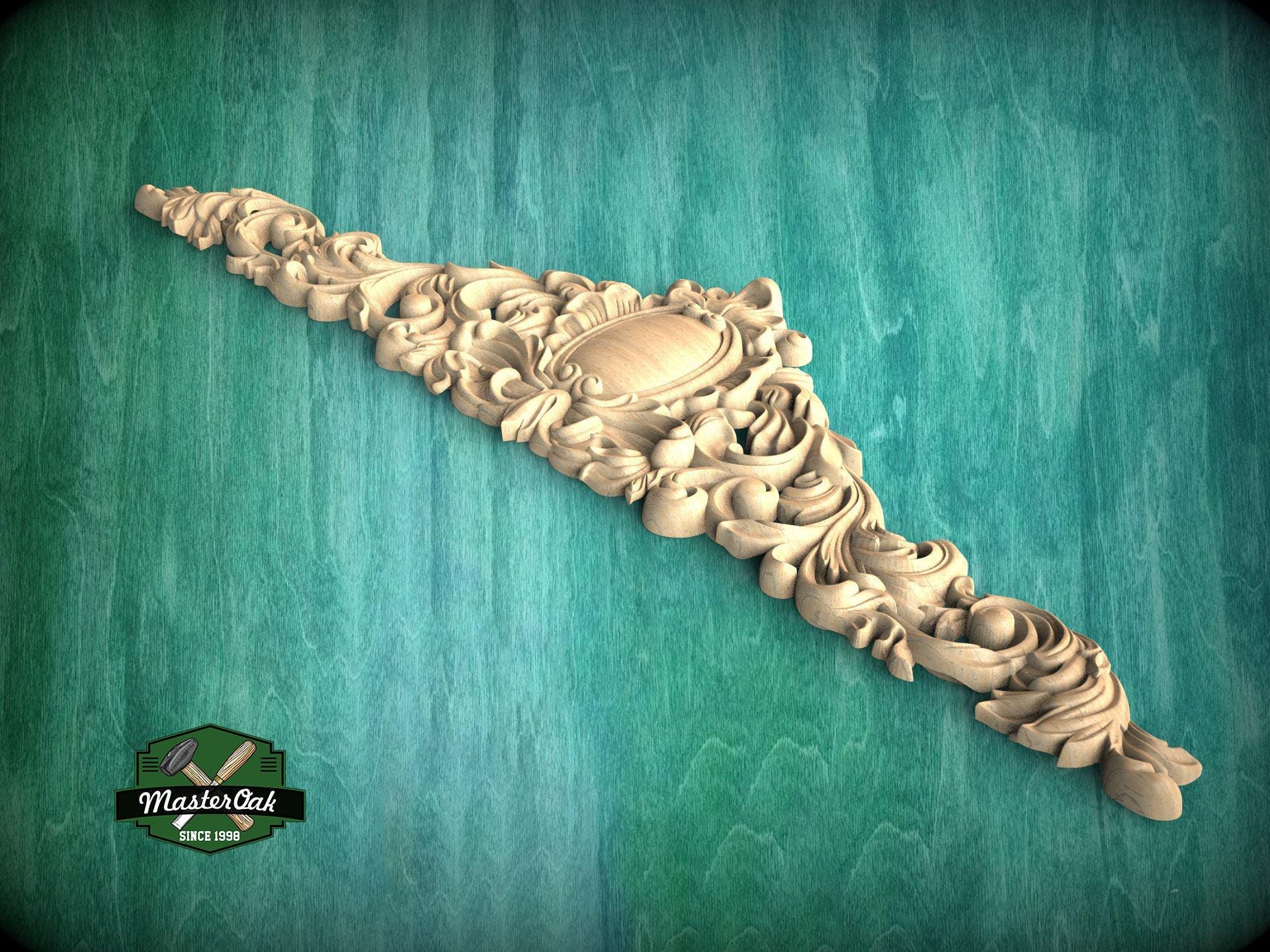 Carved Regal Crest Wooden Applique, Baroque Scrollwork Elegance, 1pc ...