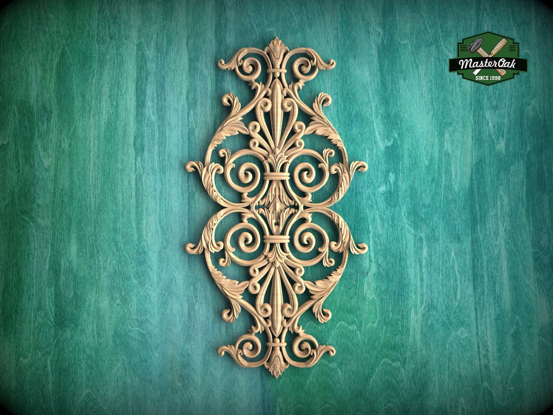 Vertical Ornate Scrollwork Wooden Applique With Central Symmetry, 1pc ...