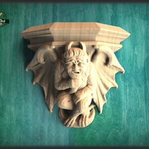 Devil Gargoyle of Wood, Carved Gothic Corbel Gargoyle, Fireplace Figure ...