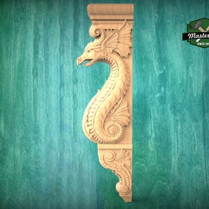 Sea Dragon Carved Wooden Corbel – Mythical Maritime Decor, Unpainted ...