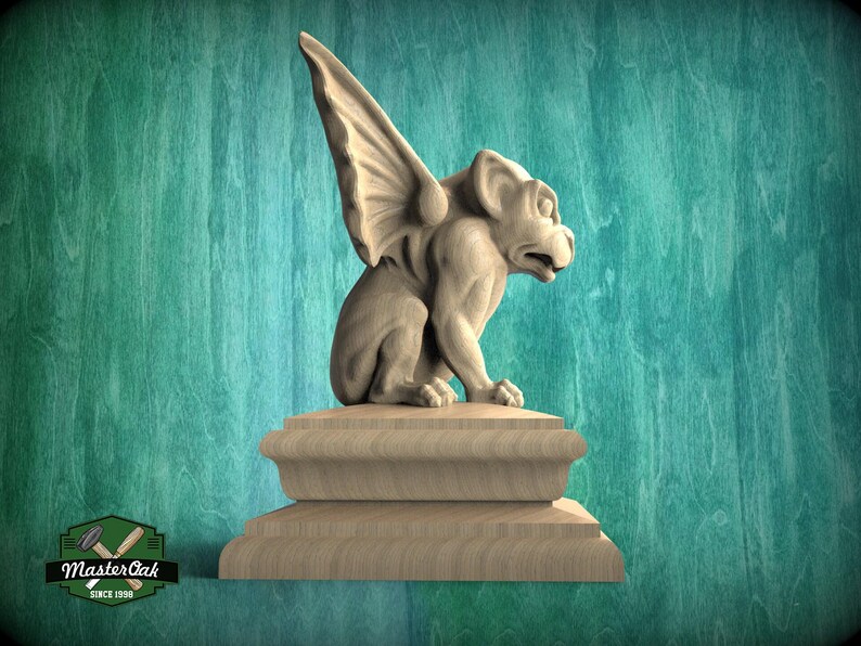 Handcrafted Wooden Gargoyle Sculpture on Tiered Base - Artisanal Gothic ...