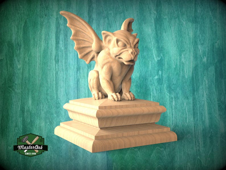 Handcrafted Wooden Gargoyle Sculpture on Tiered Base - Artisanal Gothic ...