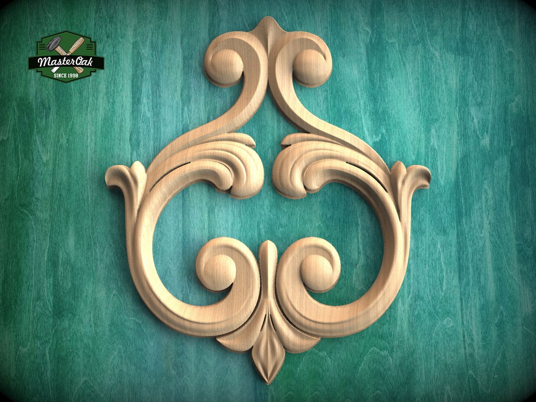 Baroque Flourish Wooden Onlay: Elegant Symmetry, Wood Carved Applique ...