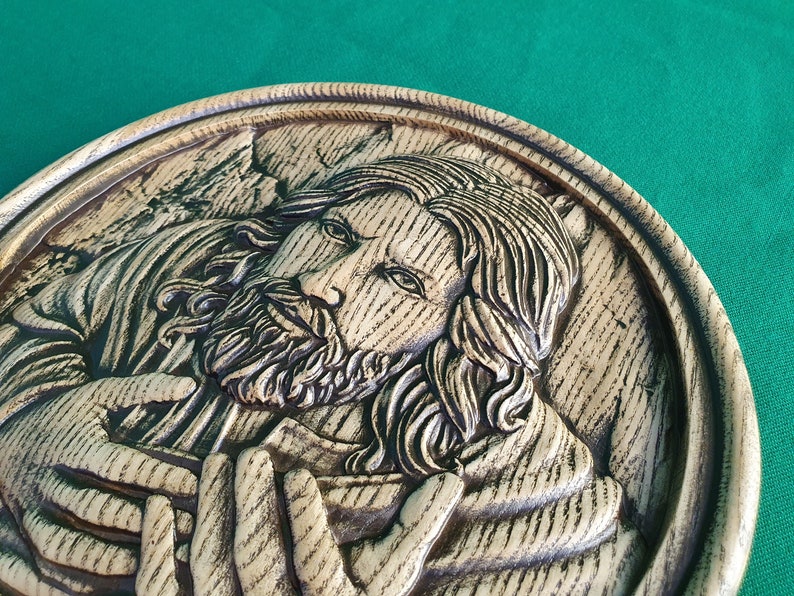 Jesus Christ Wood Painting in the Round Frame, Wall Hanging Religious ...