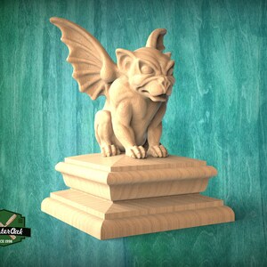 Handcrafted Wooden Gargoyle Sculpture on Tiered Base - Artisanal Gothic ...