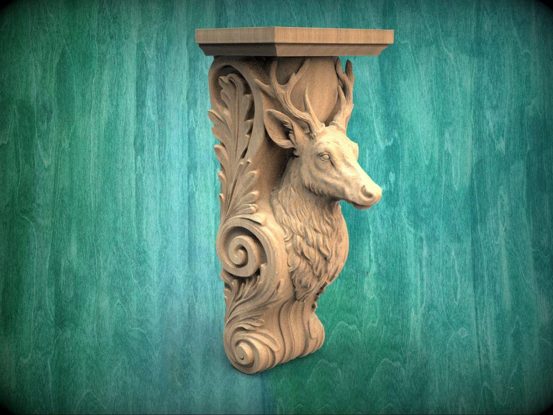 Decorative Wooden Support Bracket With Acanthus Leaves and Deer Figure ...
