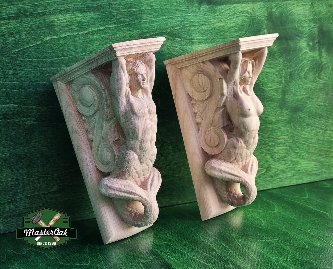 Mermaid and Merman Corbels of Wood, Unpainted, Decorative Carved Wooden Corbel, 1 Pair, Home ...