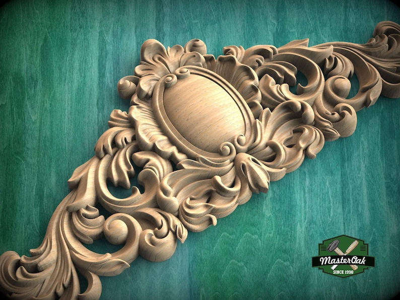Carved Regal Crest Wooden Applique, Baroque Scrollwork Elegance, 1pc ...