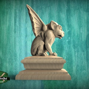 Handcrafted Wooden Gargoyle Sculpture on Tiered Base - Artisanal Gothic ...