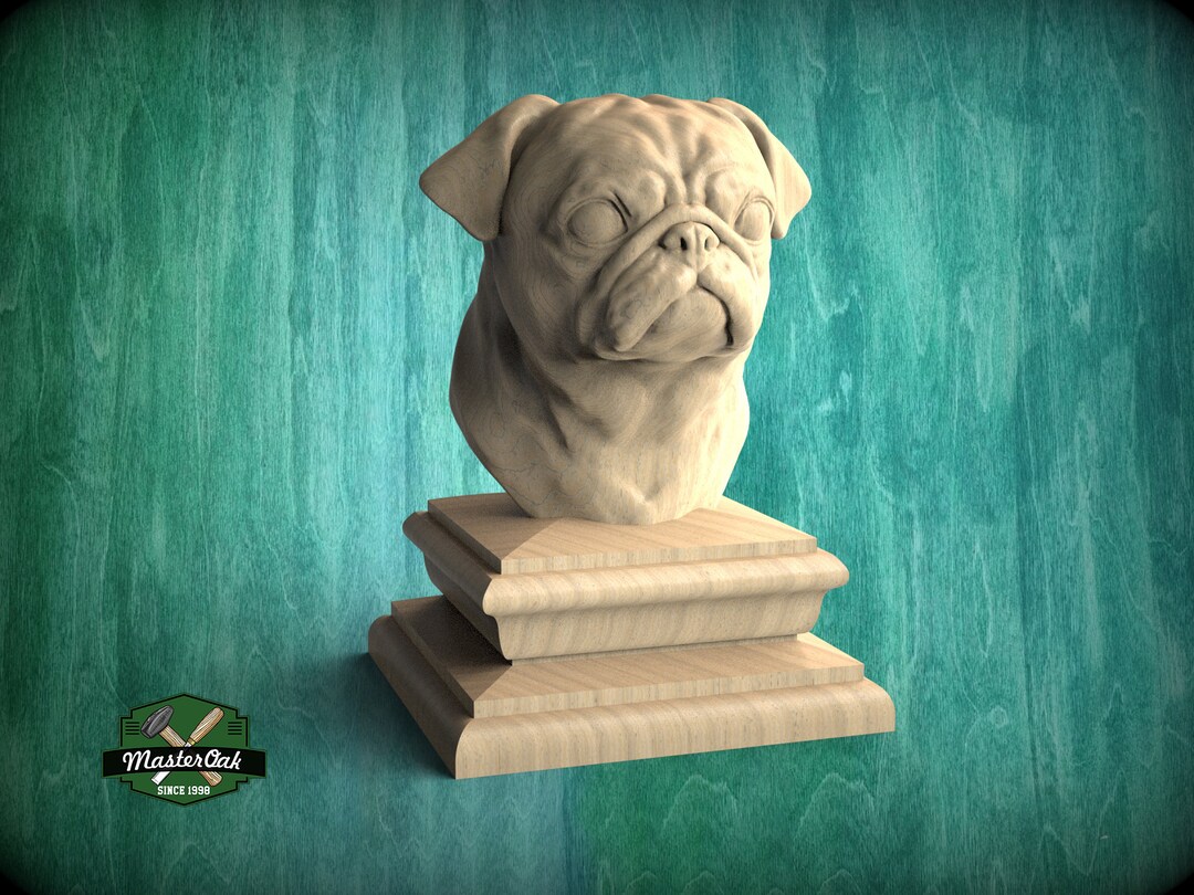 Pug Bust Made of Wood, Unpainted, Pug Wooden Finial for Staircase Newel ...