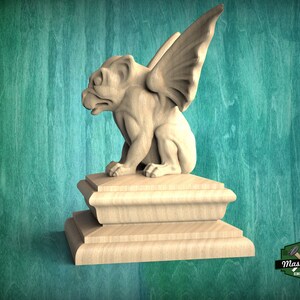 Handcrafted Wooden Gargoyle Sculpture on Tiered Base - Artisanal Gothic ...