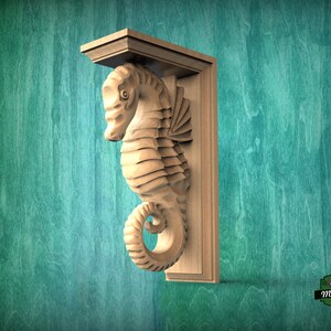Seahorse Corbel of Wood, Unpainted, Seahorse Bracket Carved Wooden ...