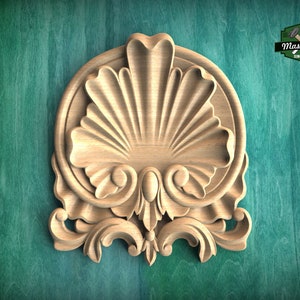 Scallop Shell Wooden Applique With Ornamental Scrolls, Wood Carved ...