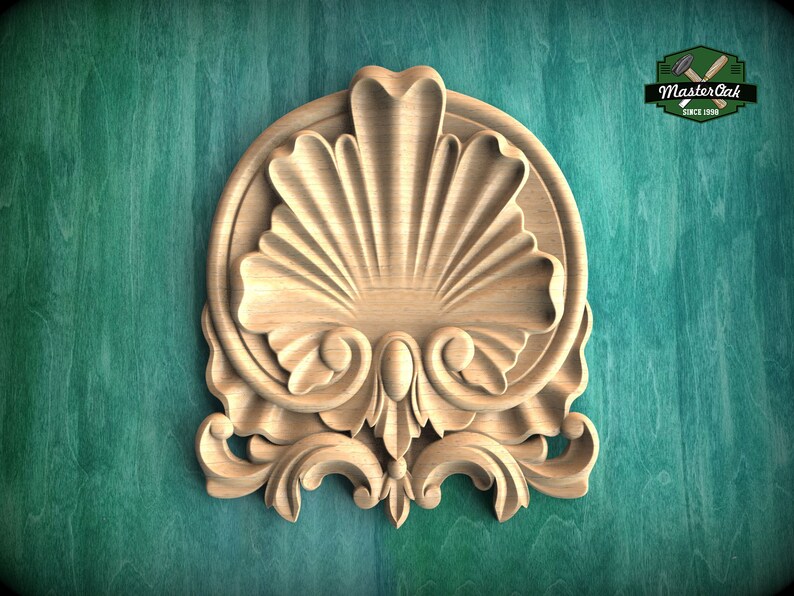Scallop Shell Wooden Applique With Ornamental Scrolls, Wood Carved ...