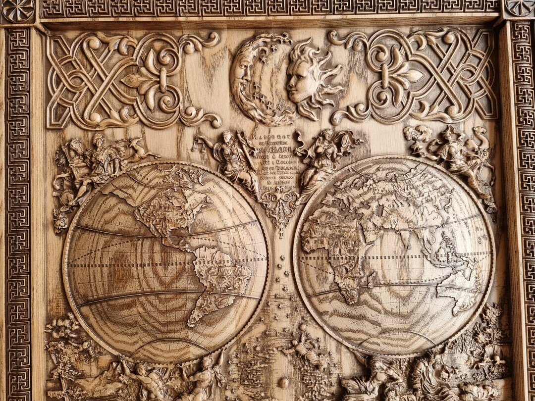 Antique Map of the World Made of Wood, Wood Map Wall Art, Carved Map of ...