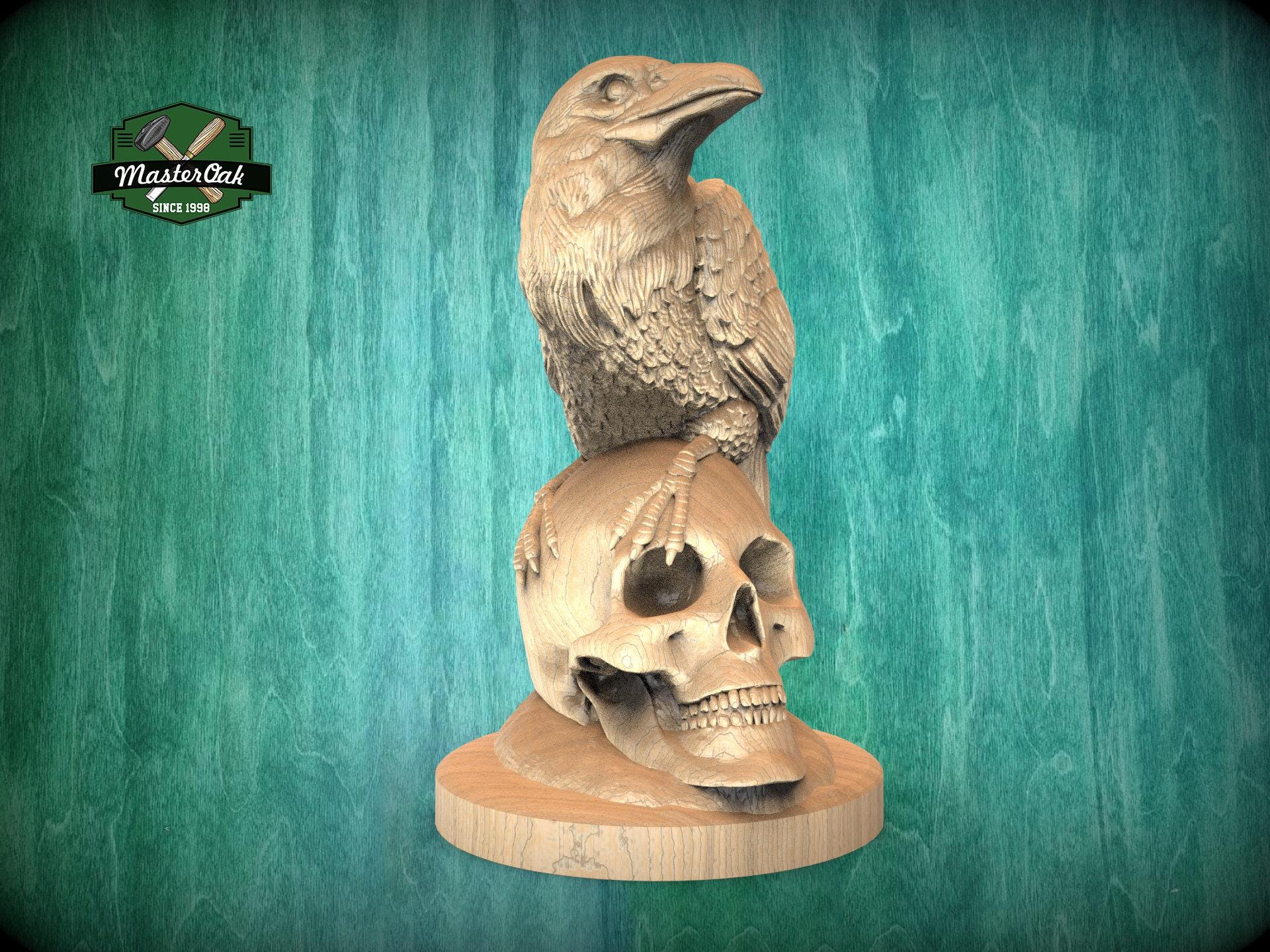 Handcrafted Wooden Raven & Skull Statue - Intricate Gothic Home Decor ...
