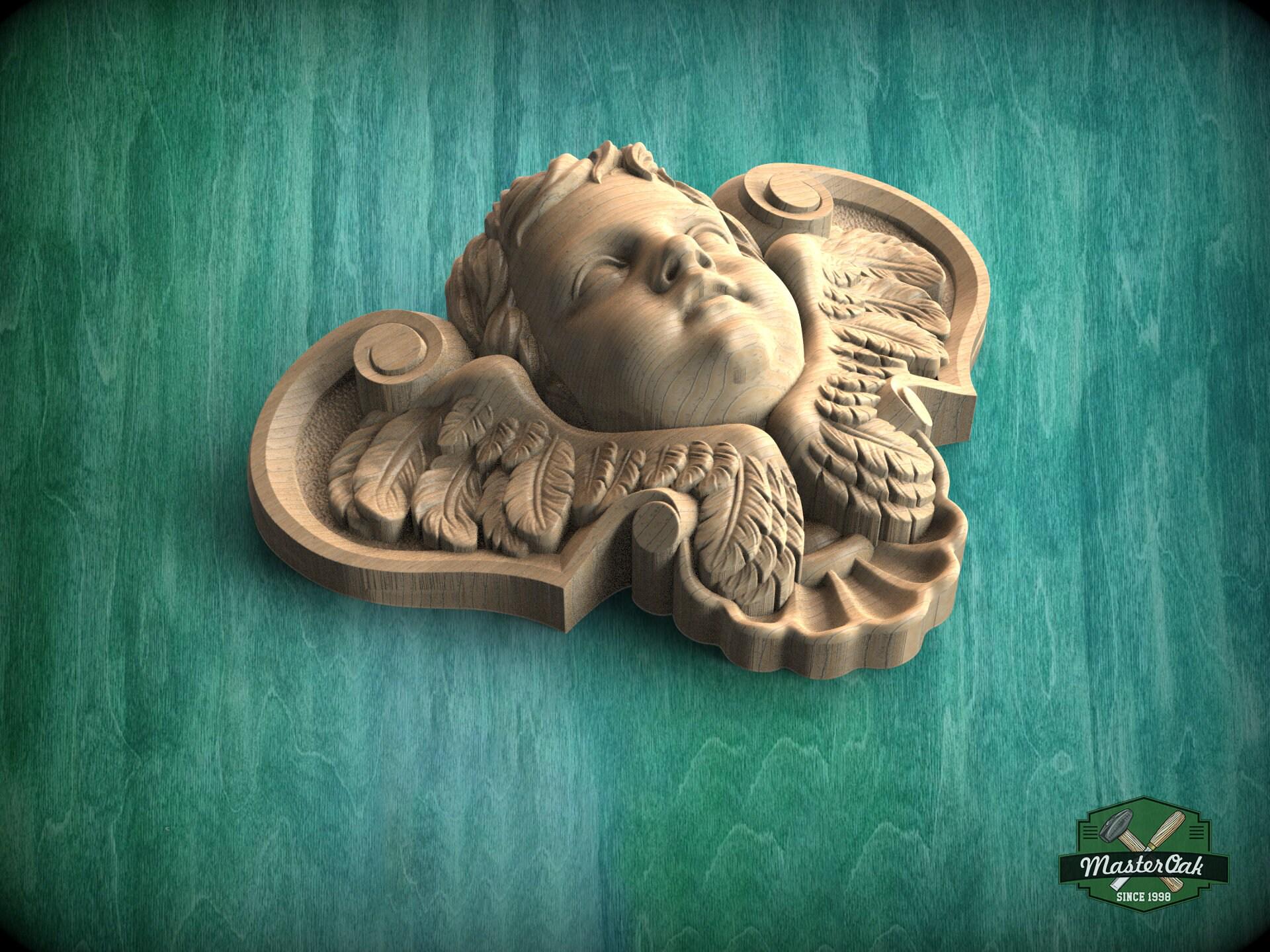 Angel Head Carved Wood Applique, Angel With Wings, Carved Angel ...